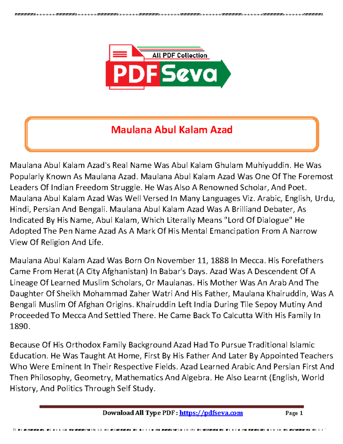 Maulana Abul Kalam Azad Biography - Download All Type PDF : pdfseva Page 1 Maulana Abul Kalam ...