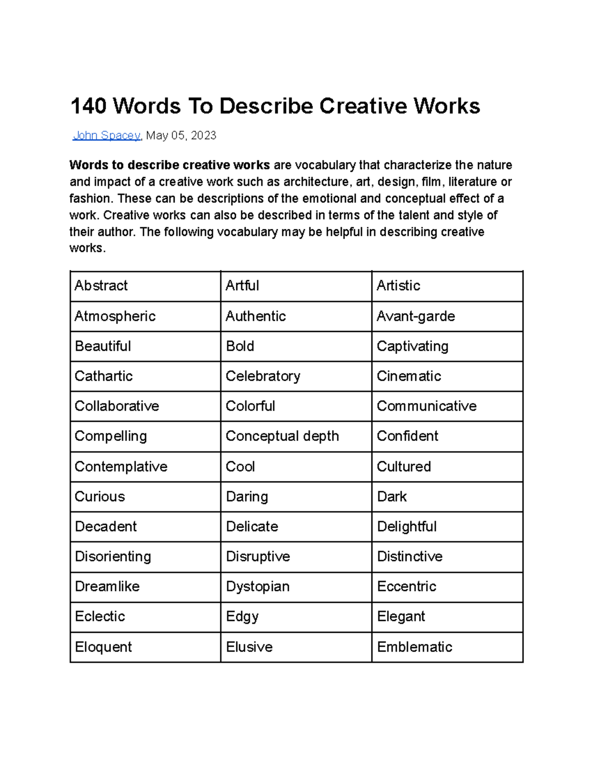140 Words To Describe Creative Works - These can be descriptions of the ...