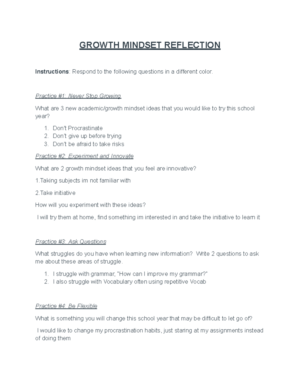 Growth Mindset Reflection - GROWTH MINDSET REFLECTION Instructions ...