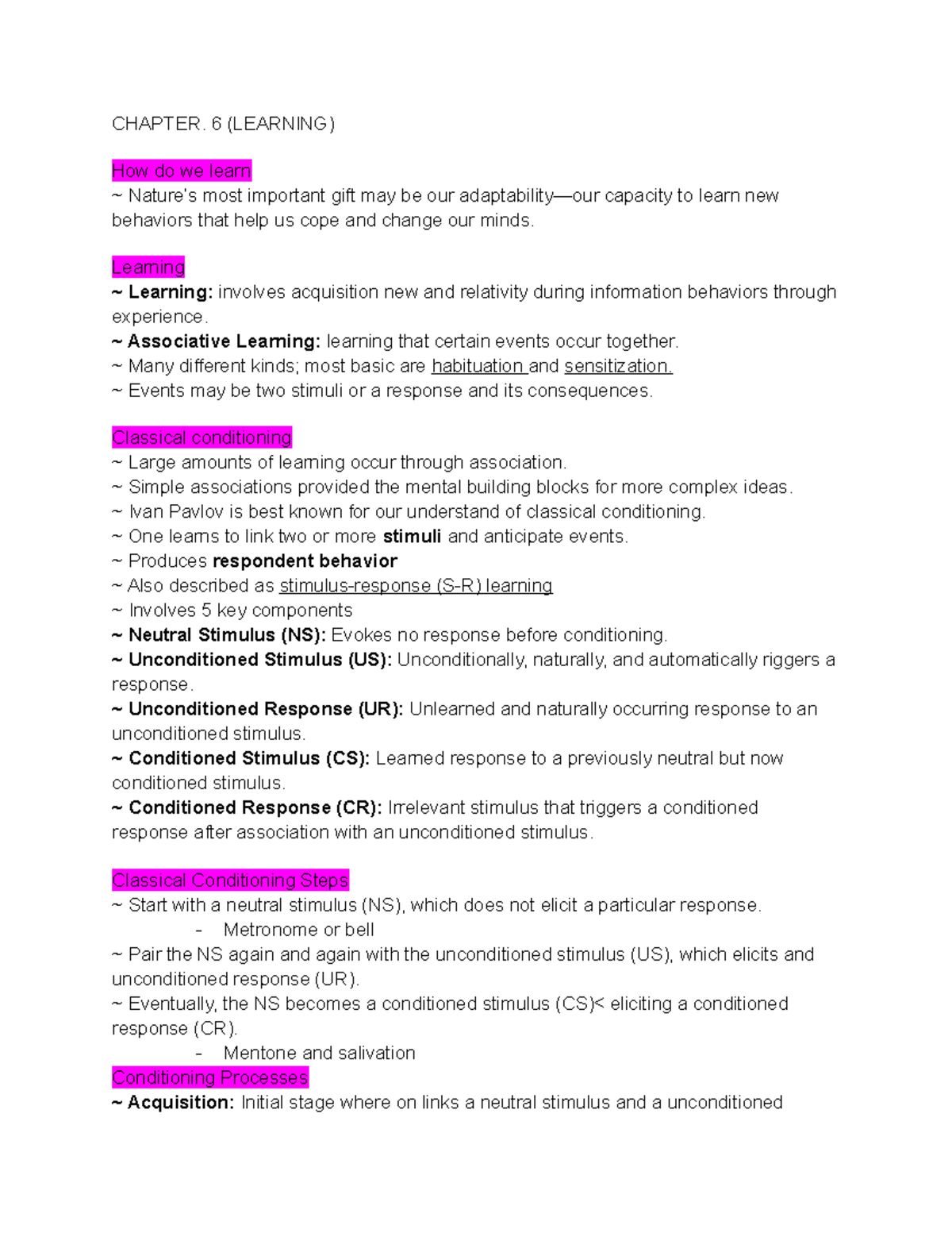 Chapter 6 notes - CHAPTER. 6 (LEARNING) How do we learn ~ Nature’s most ...