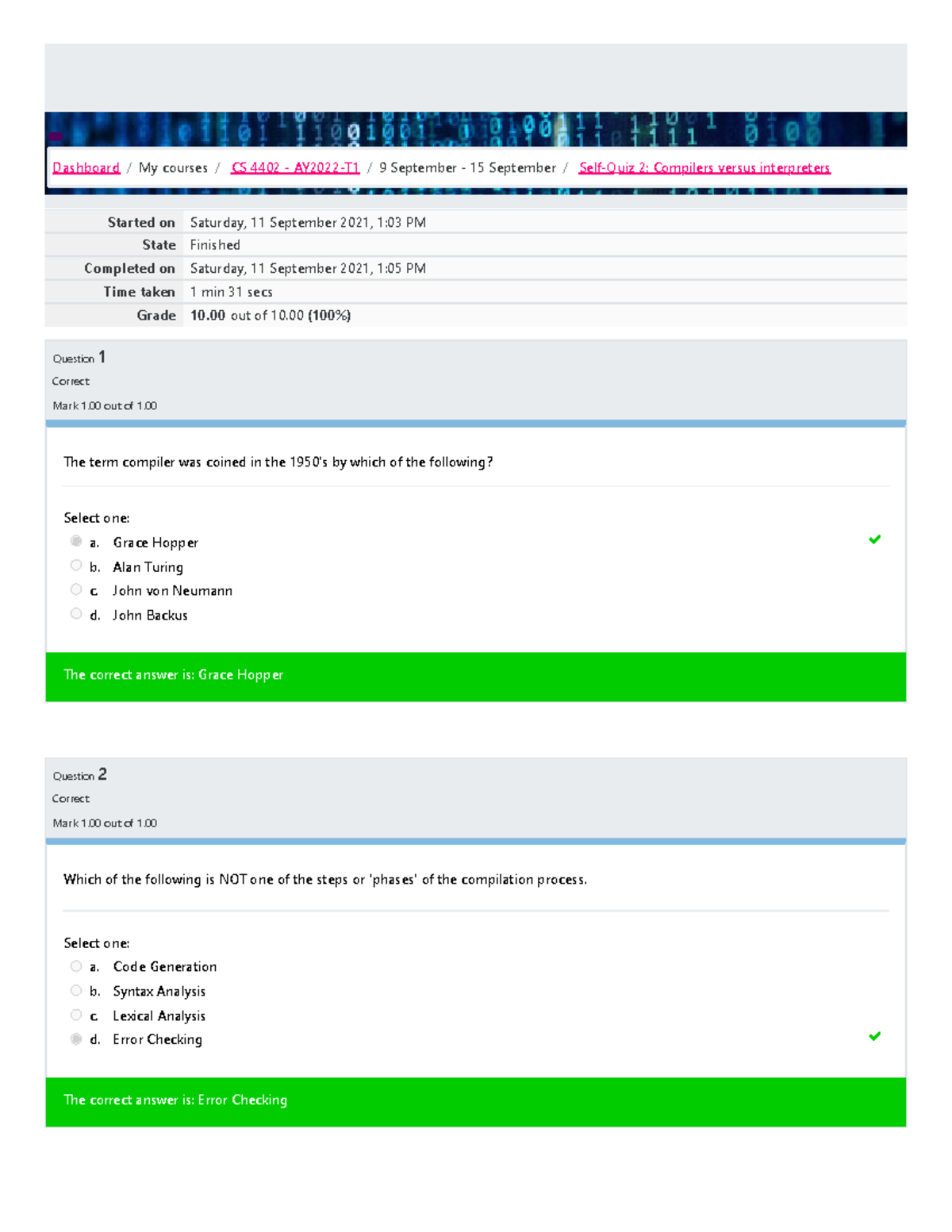Self-Quiz 2 Compilers versus interpreters Attempt review - Started on ...