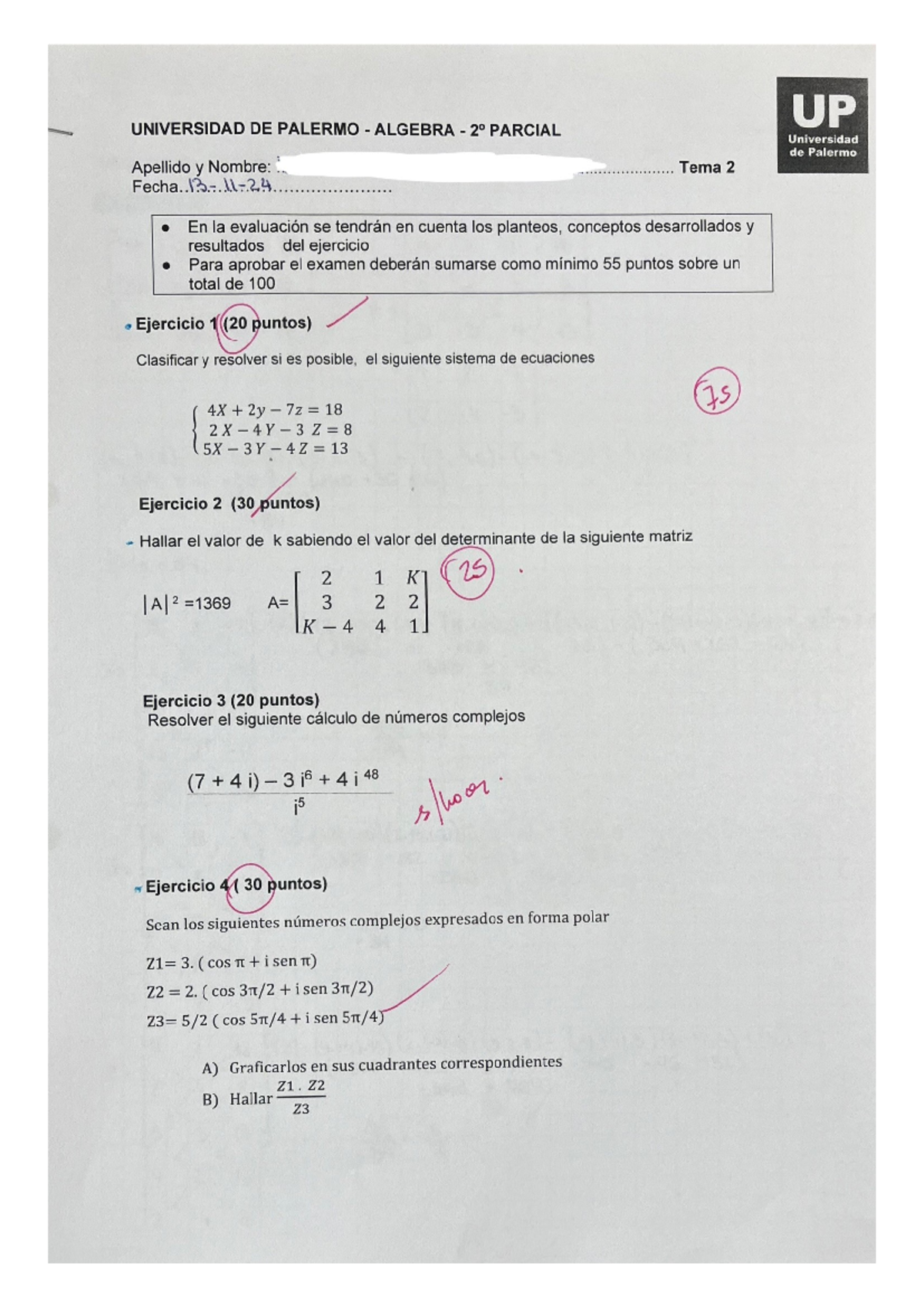 1 - es el segundo parcial de algebra - UP UNIVERSIDAD DE PALERMO ALGEBRA PARCIAL Universidad de ...