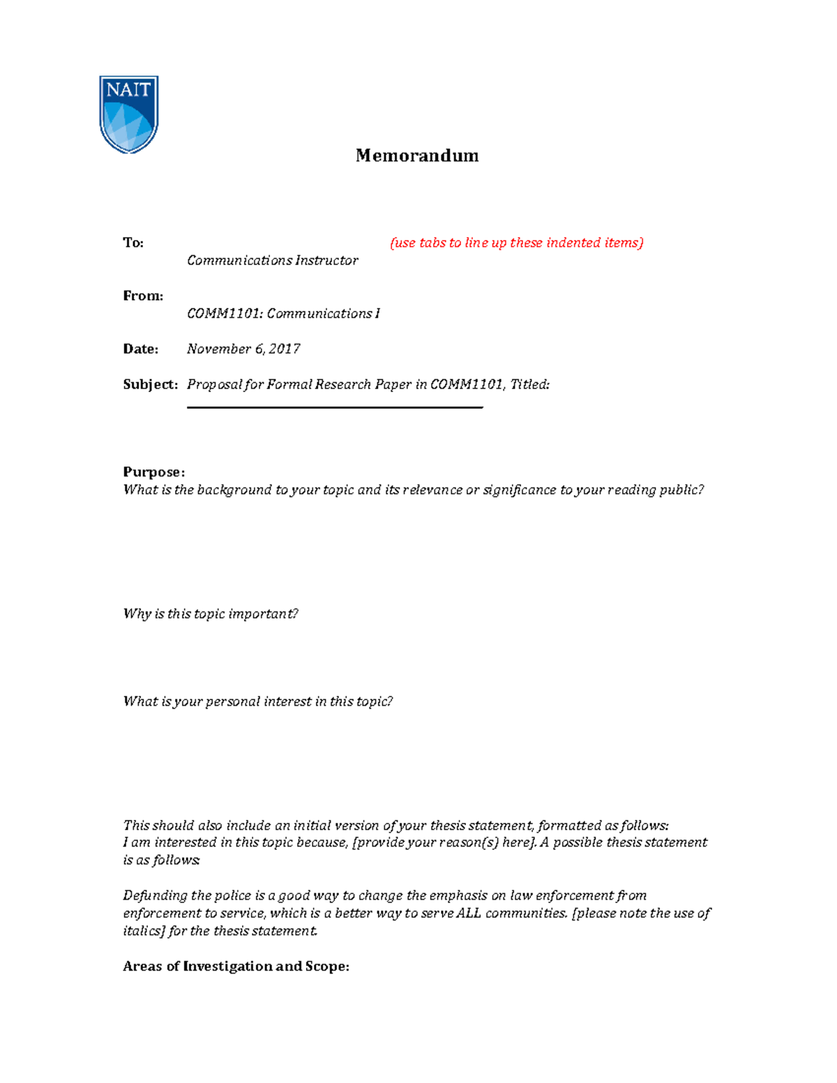 Proposal Template Blank for COMM1101 Formal Research Paper Winter 2021 ...