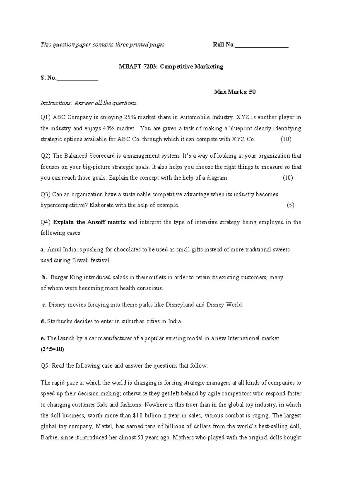 7203 Competitive marketing - This question paper contains three printed ...