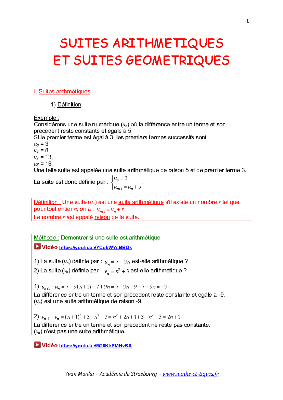 Suites AG - SUITES ARITHMETIQUES ET SUITES GEOMETRIQUES I. Suites ...