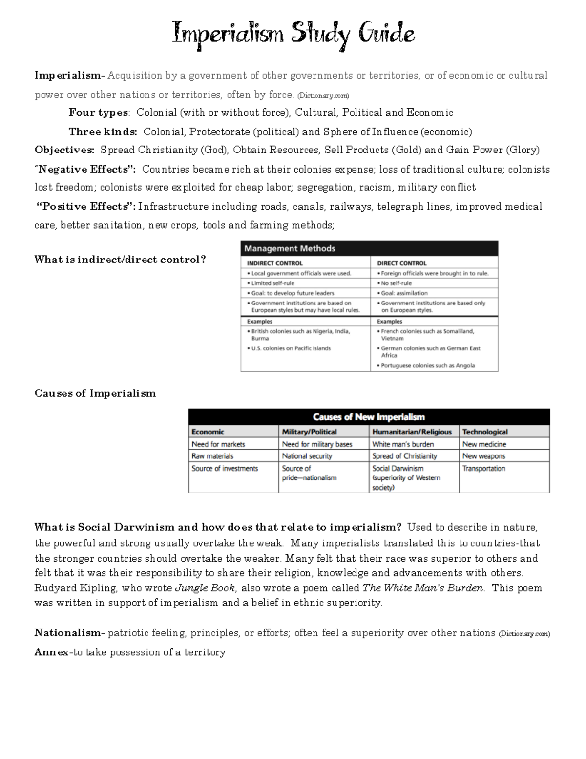 Imperialism - Study Guide - Imperialism- Acquisition by a government of ...