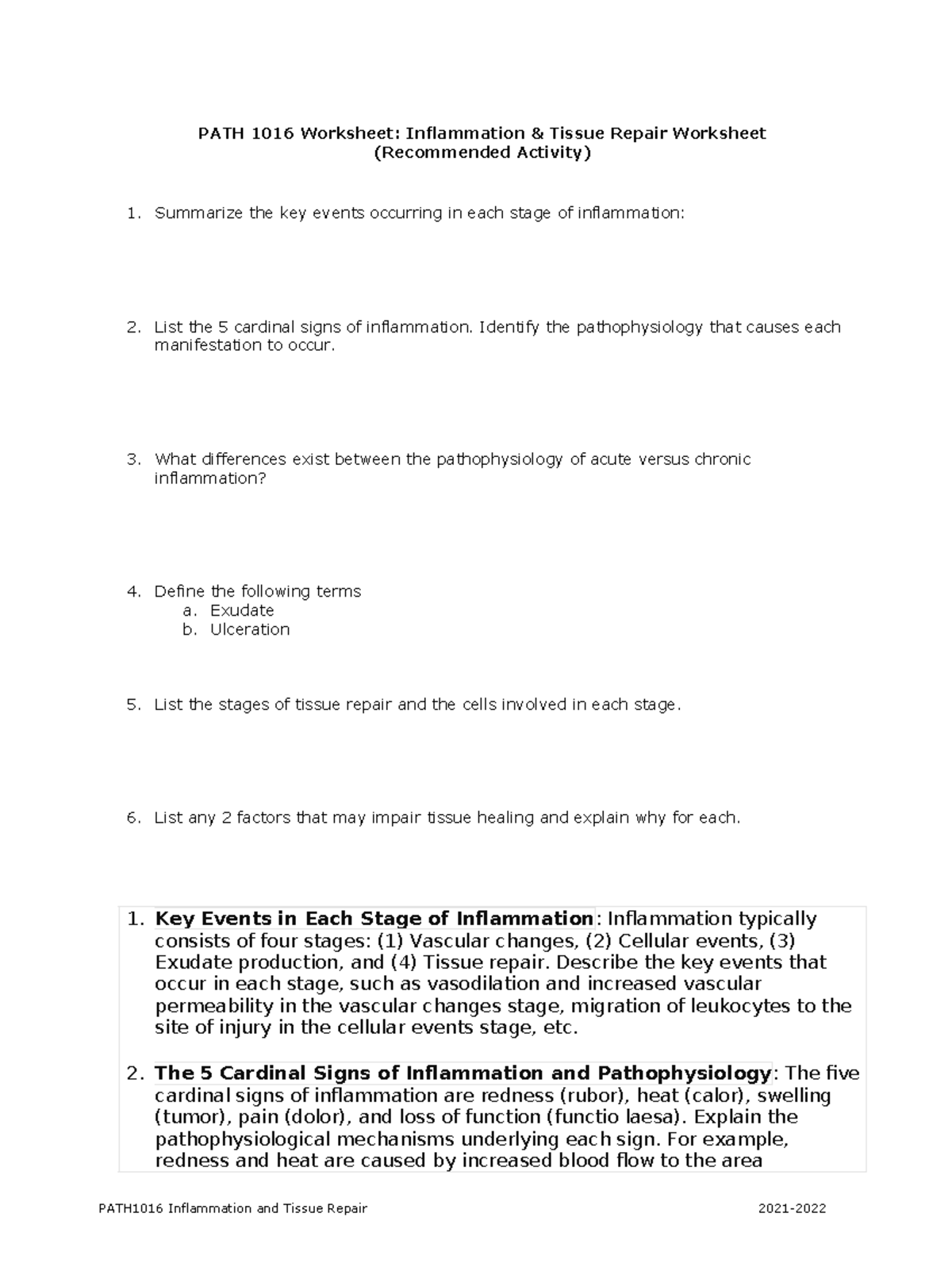 Inflammation Tissue Repair worksheet 2021-2022 - PATH 1016 Worksheet ...