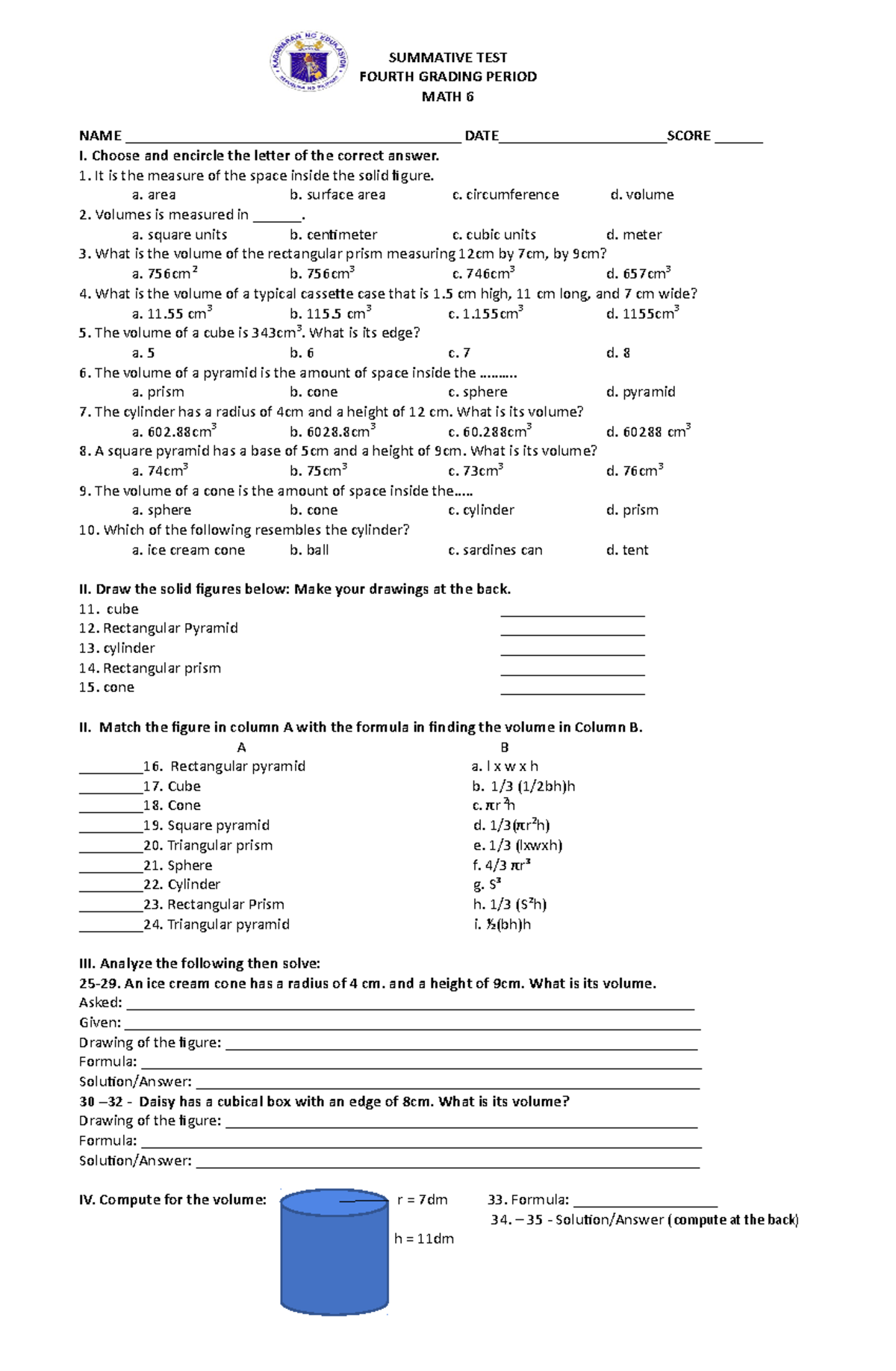 ST Mathematics 6 Q4 - school work - SUMMATIVE TEST FOURTH GRADING ...