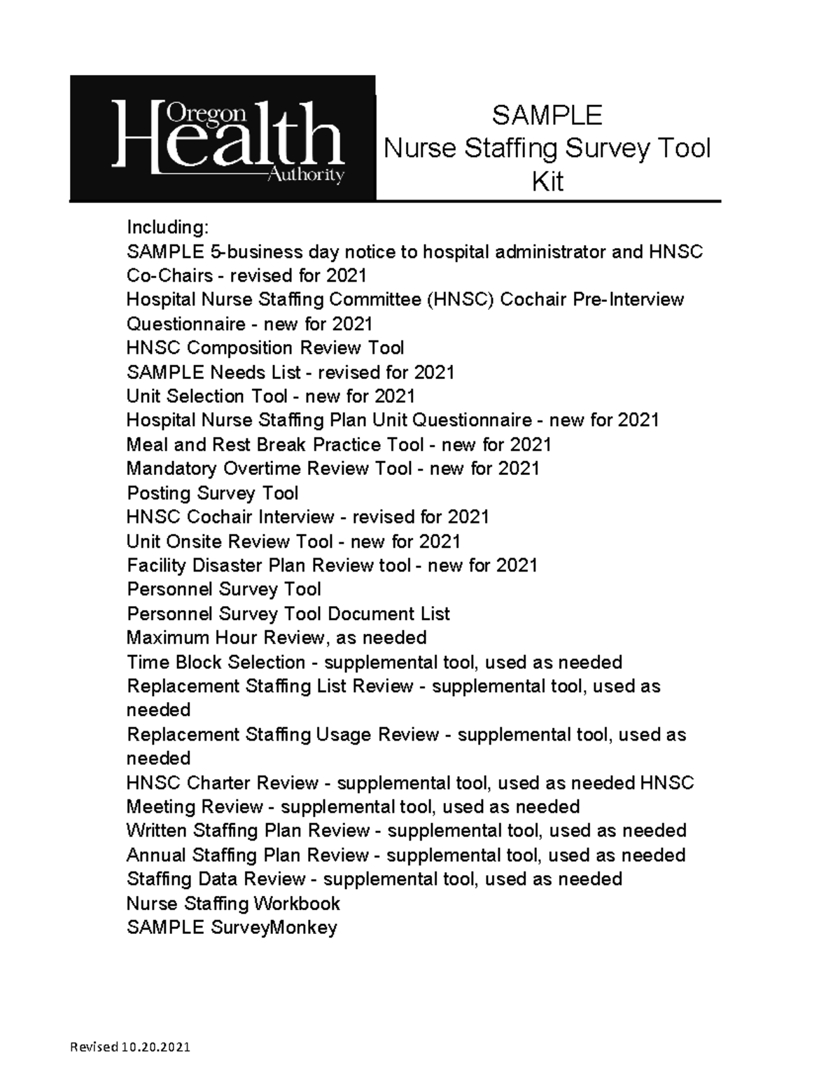 NSSample Survey Tool Kit - SAMPLE Nurse Staffing Survey Tool Kit ...