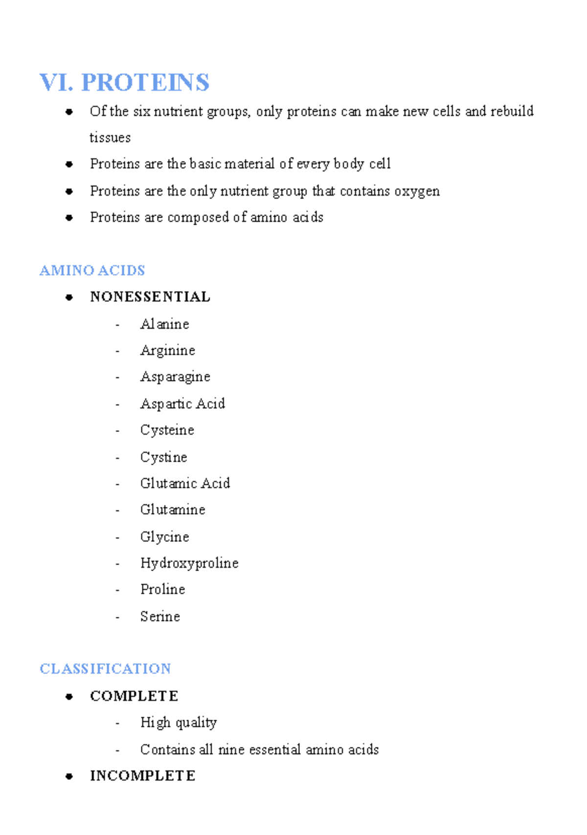 6. Proteins - nutrition and diet therapy - VI. PROTEINS Of the six ...