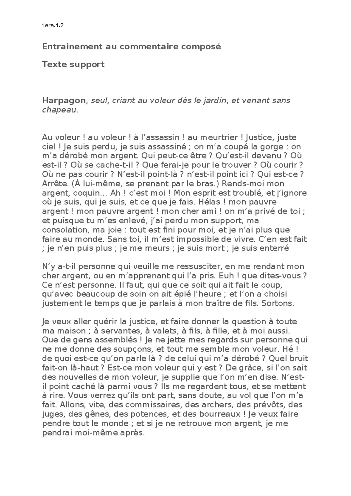 Entrainement au commentaire composé Texte Harpagon - 1ere. Entrainement ...