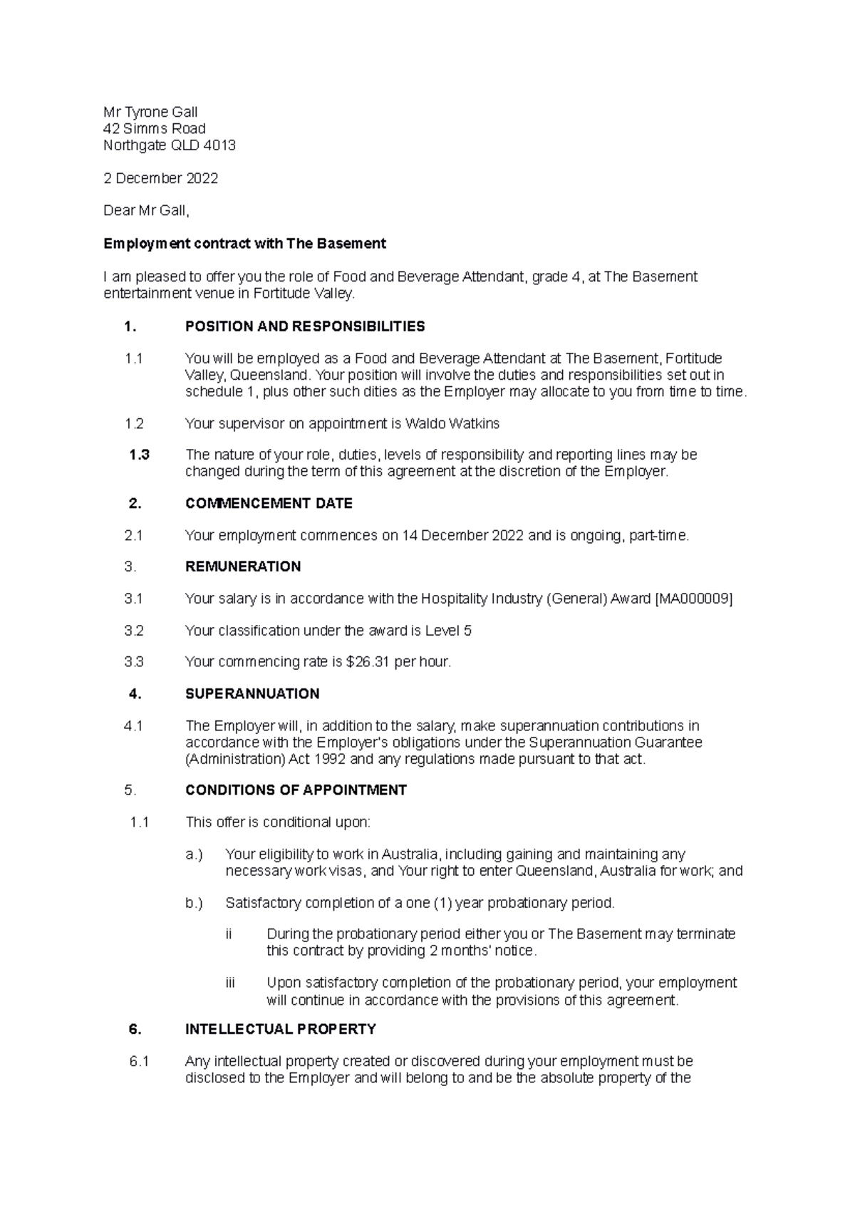 Example Employment Contract - Mr Tyrone Gall 42 Simms Road Northgate ...