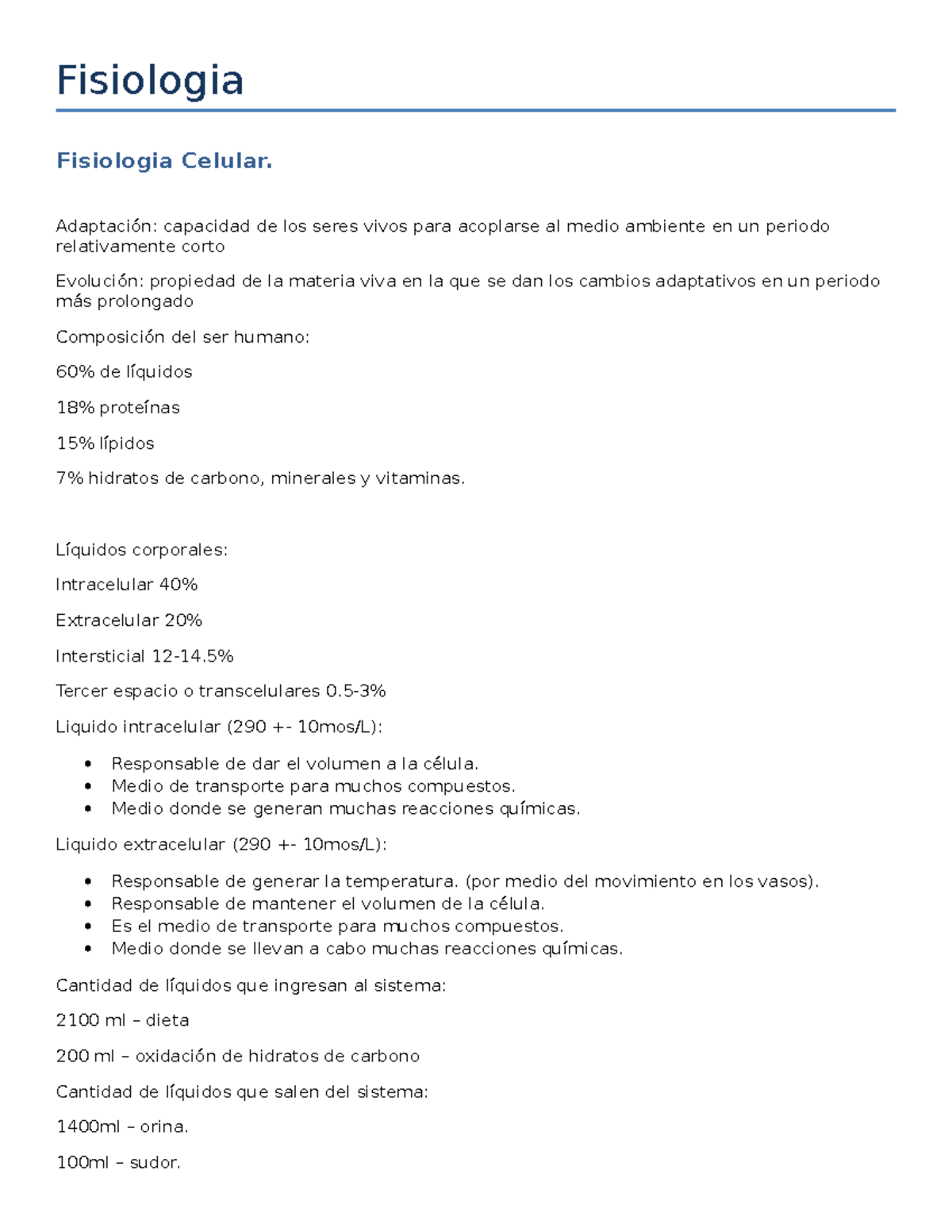 Resumen Fisio - Fisiologia Fisiologia Celular. Adaptación: capacidad de ...