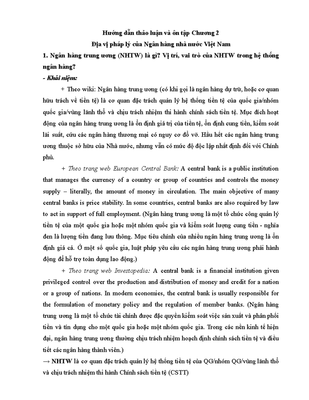 LNH tổng hợp bt - ,,b - Hướng dẫn thảo luận và ôn tập Chương 2 Địa vị pháp lý của Ngân hàng nhà ...