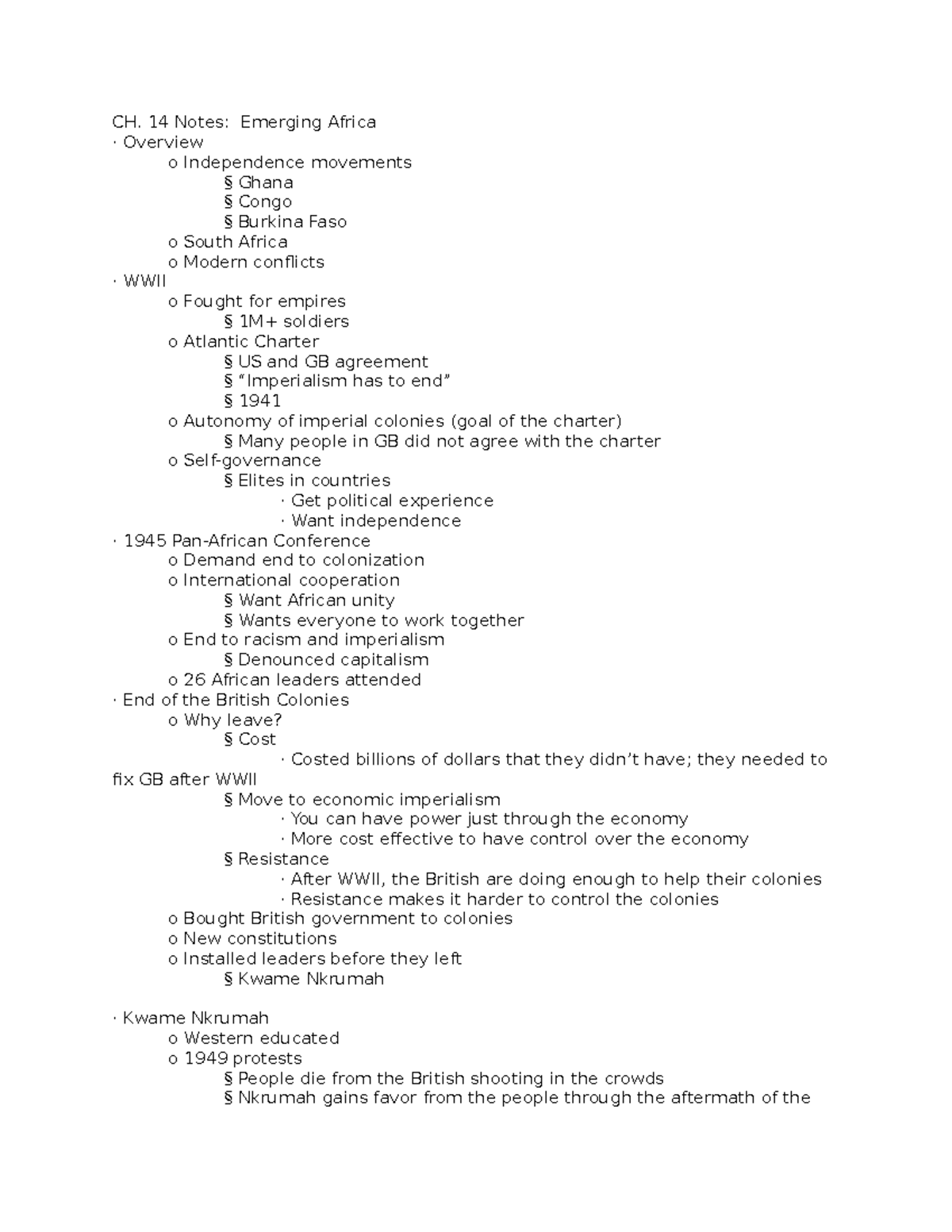 HIS 150 12 - PROFESSOR RIVA - CH. 14 Notes: Emerging Africa · Overview ...