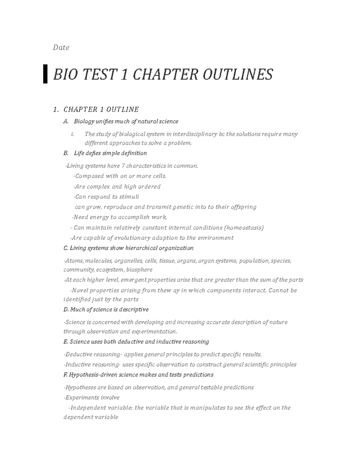 Bio test 1 outline - These are all the most important topics to study ...