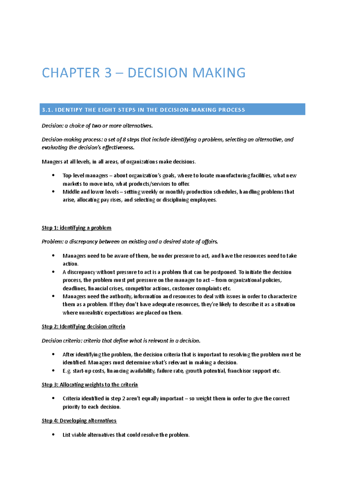 Chapter 3 1001 - Summary notes - CHAPTER 3 DECISION MAKING 3. IDENTIFY ...