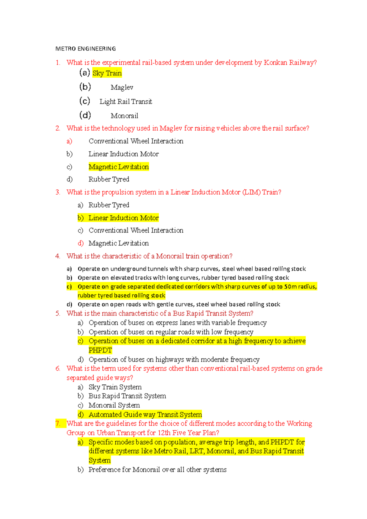 Metro Engineering - METRO ENGINEERING 1. What is the experimental rail-based system under - Studocu