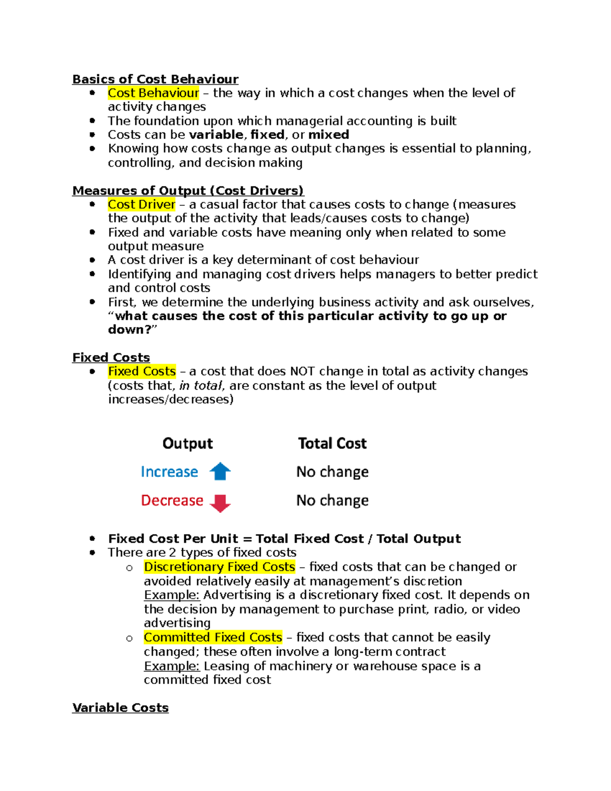 CACC406 Chapter #3 Notes - Basics of Cost Behaviour Cost Behaviour ...