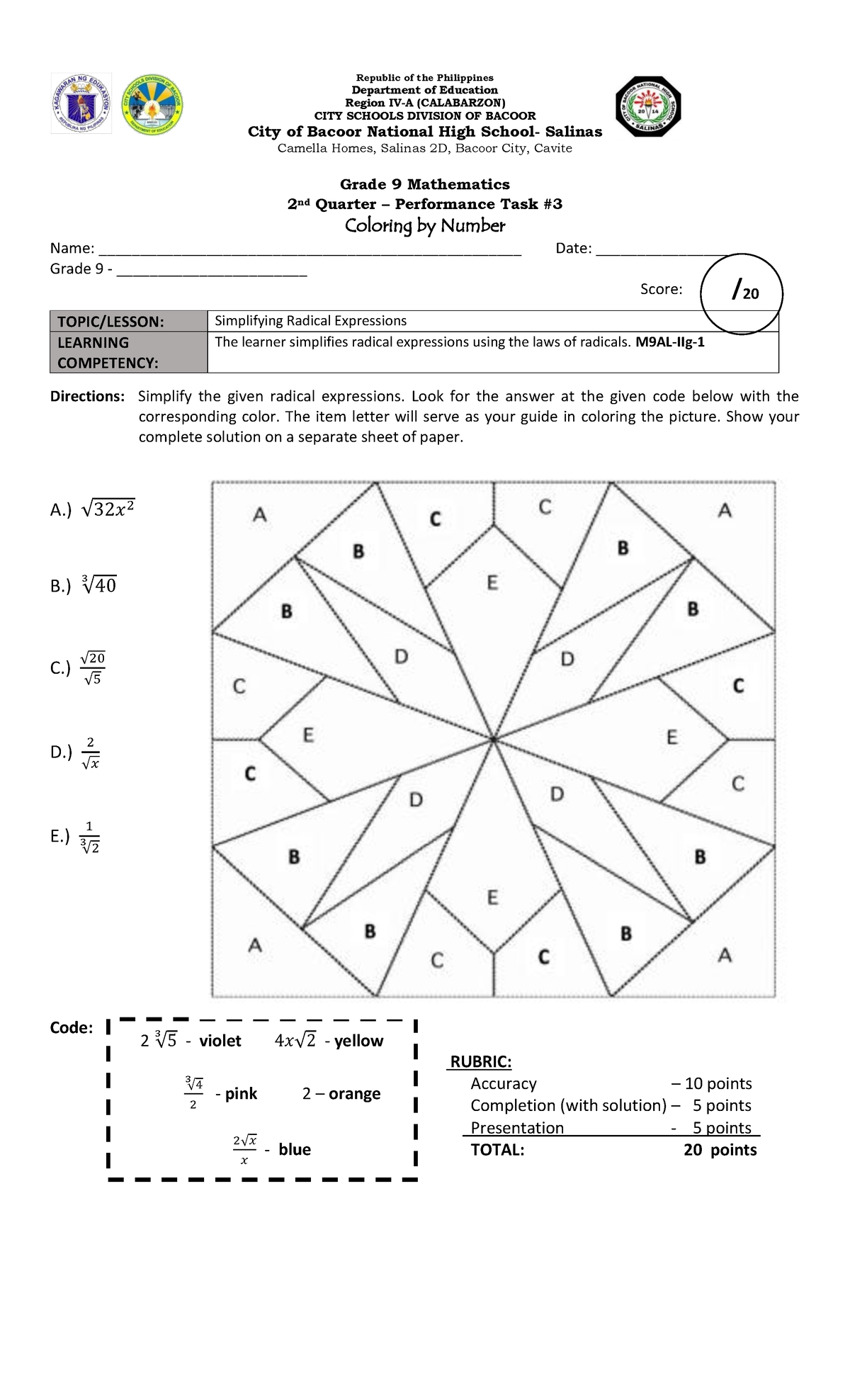 performance task 3 - / 20 2 √ 5 3 - violet 4 𝑥√ 2 - yellow 3 √ 4 2 ...