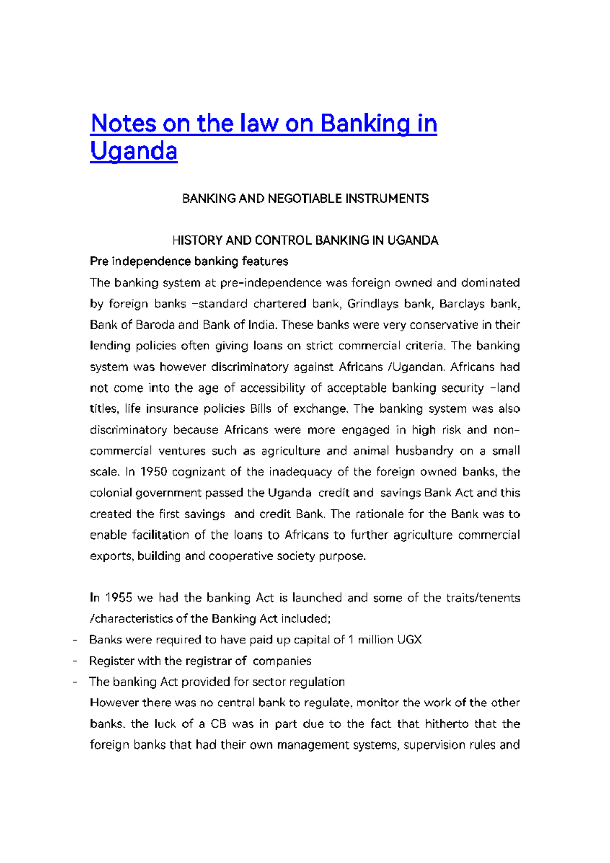 20241119 - brief - Notes on the law on Banking in Uganda BANKING AND ...