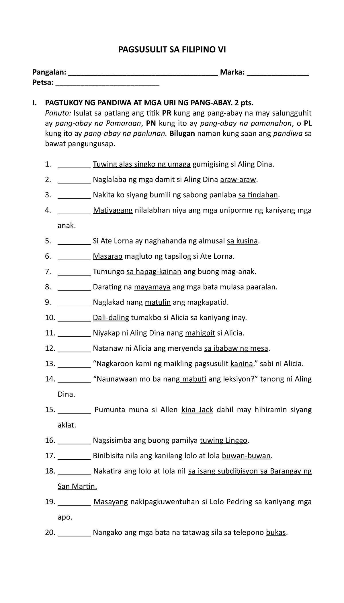 LONG QUIZ ( Filipino) - Assessment Test for your students. - PAGSUSULIT ...