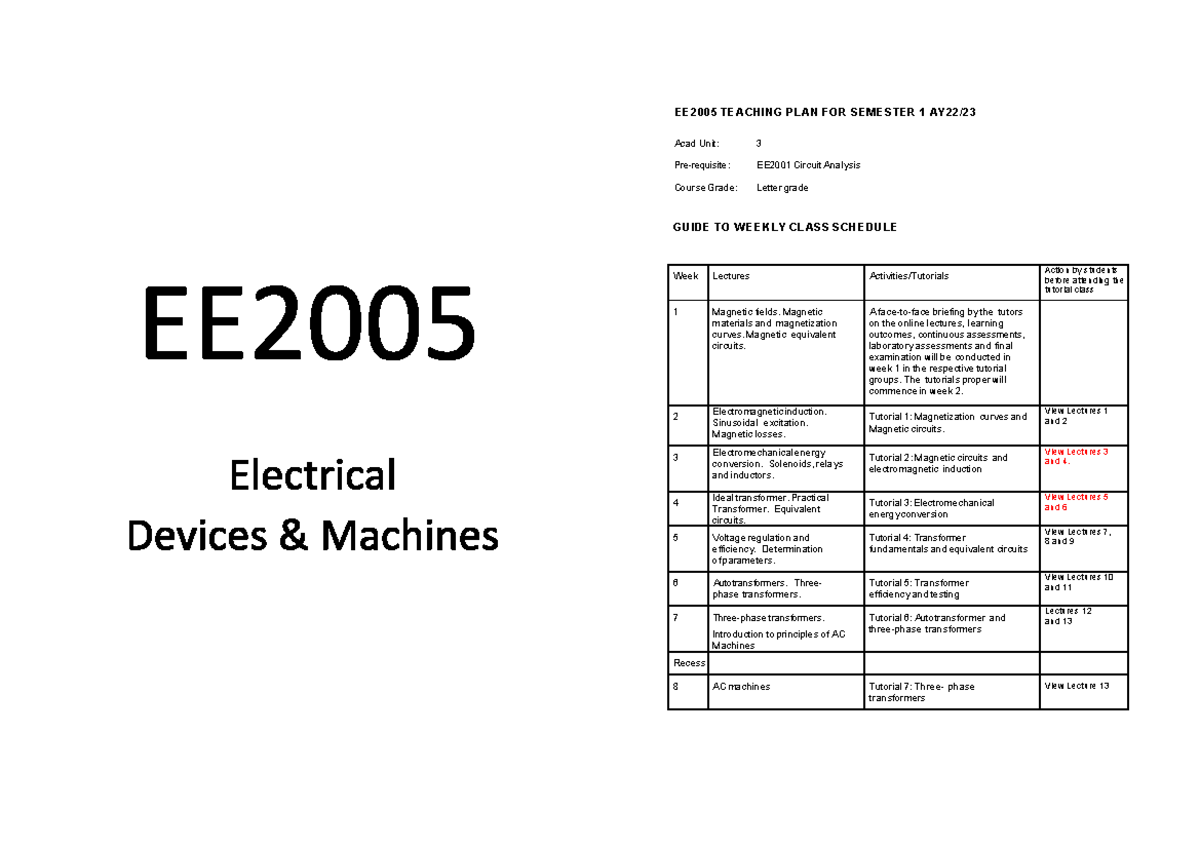 EE2005 Lec part 1 - 6 - NIL - EE2005 TEACHING PLAN FOR SEMESTER 1 AY22/ Acad Unit: 3 Pre ...