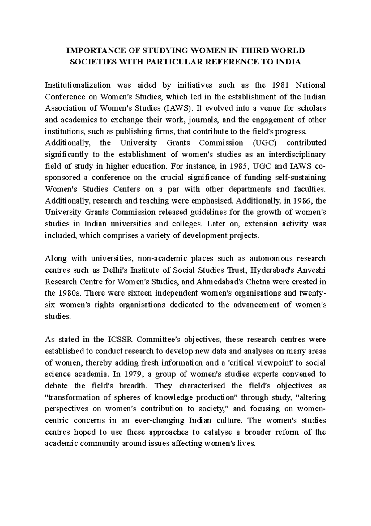 Importance OF Studying Women IN Third World Societies WITH Particular ...