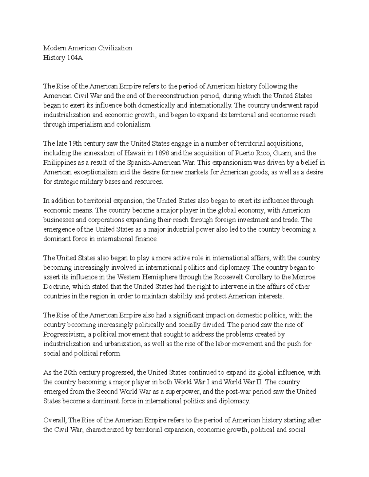 The Rise of the American Empire notes - Modern American Civilization ...