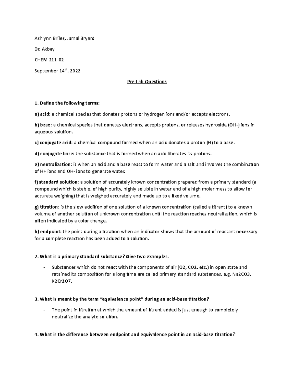 Pre Lab 3 Questions Ashlynn Briles Jamal Bryant Dr Akbay Chem 211 September 14th 2022 Pre 