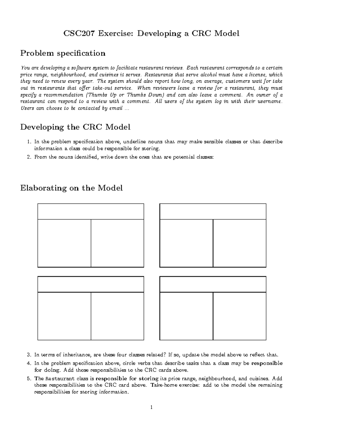Csc207 crc exercise - Excercise on crc - CSC207 Exercise: Developing a ...