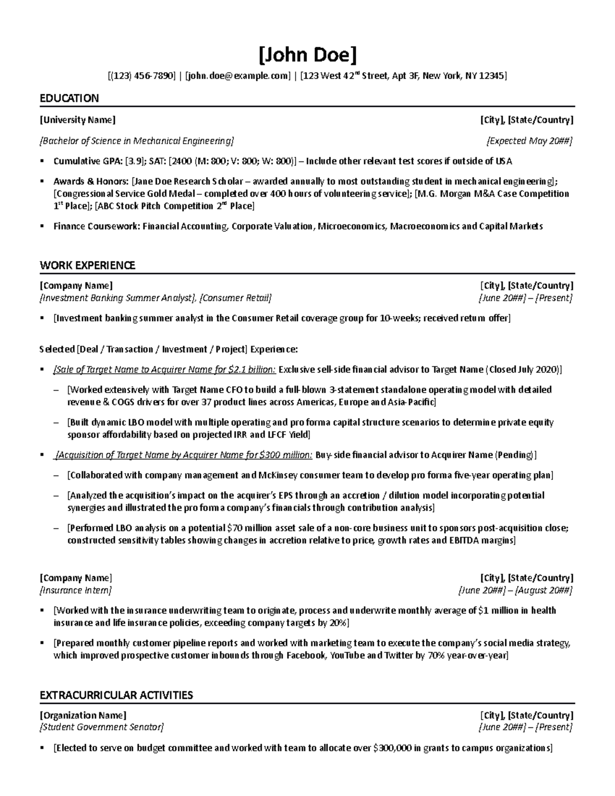 Undergraduate Investment Banking Resume Template - [John Doe] [(123 ...