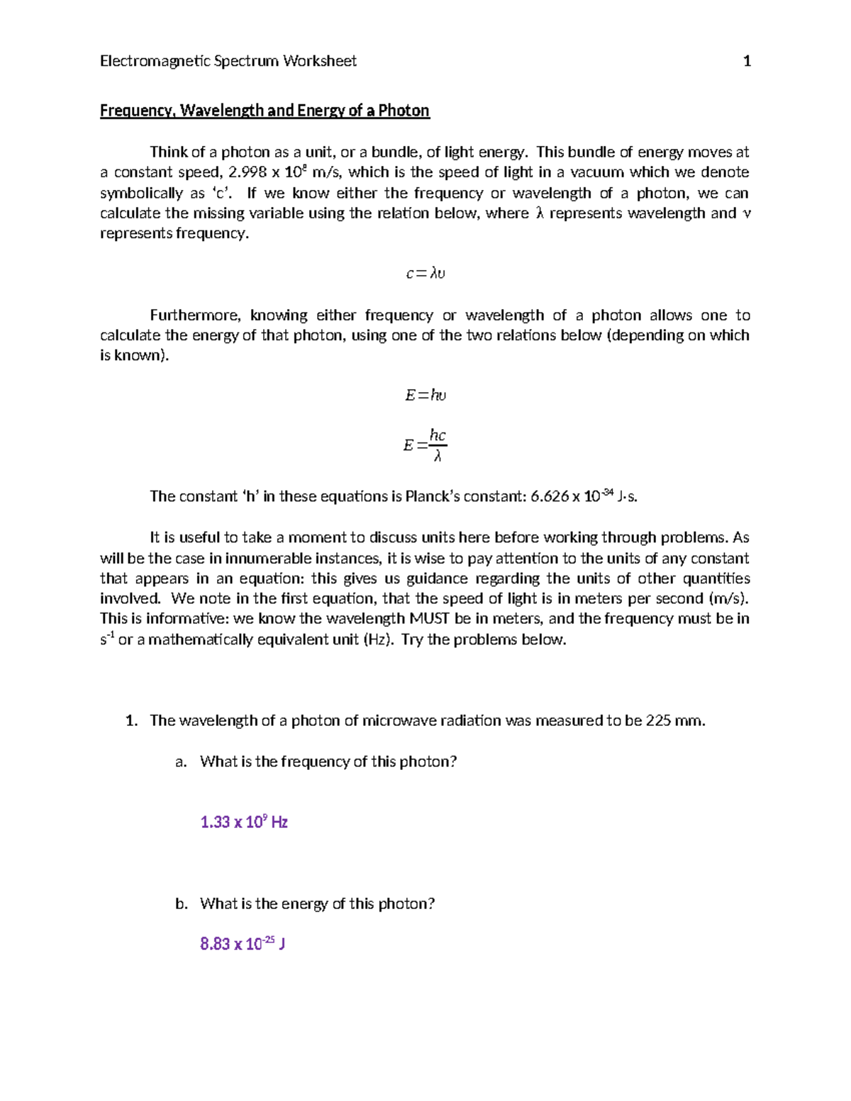 Electromagnetic Spectrum Worksheet Answers - Frequency, Wavelength and ...