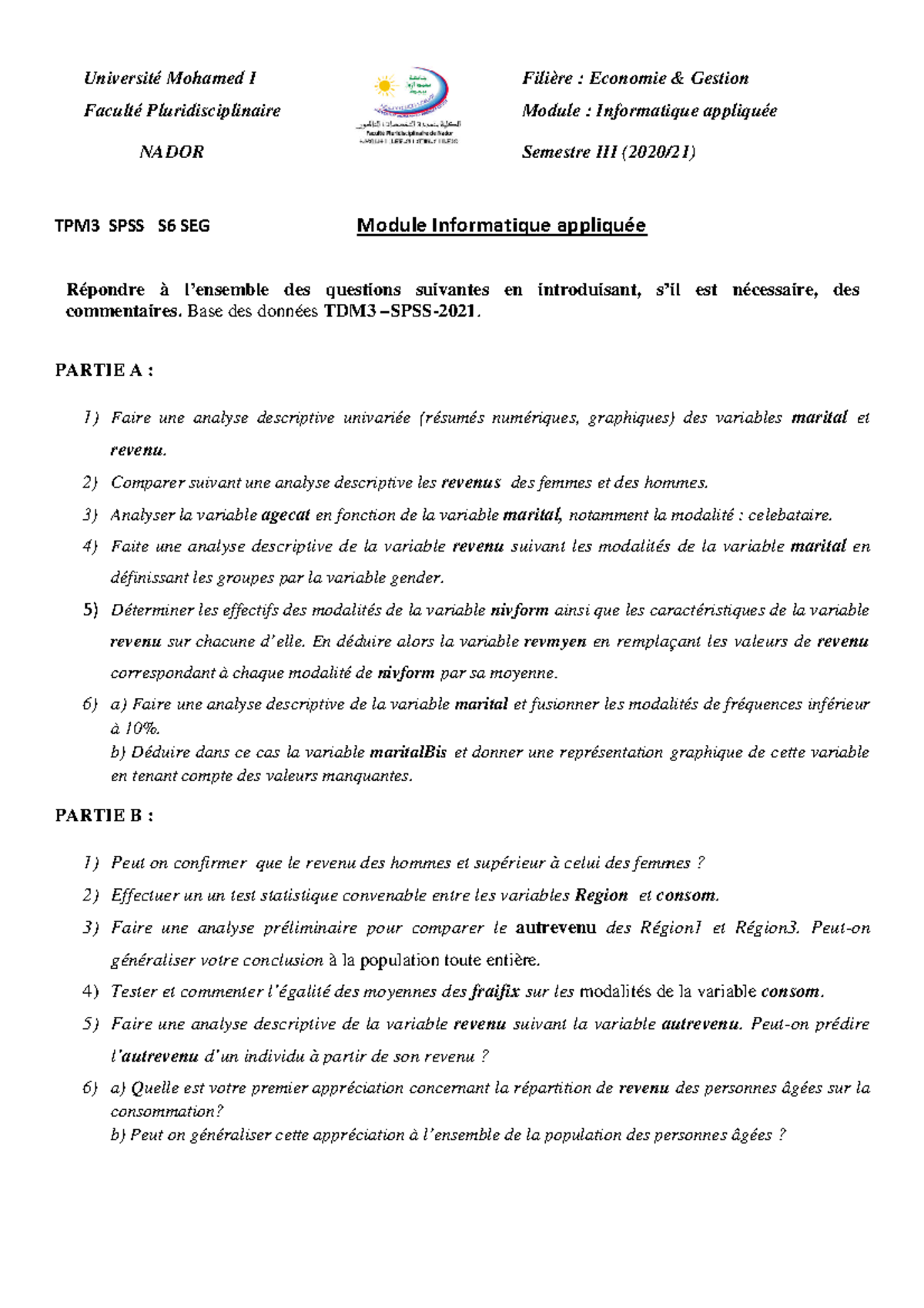 TD M3 Partie-B- Corrigee-SPSS-2021 - Université Mohamed I Faculté ...
