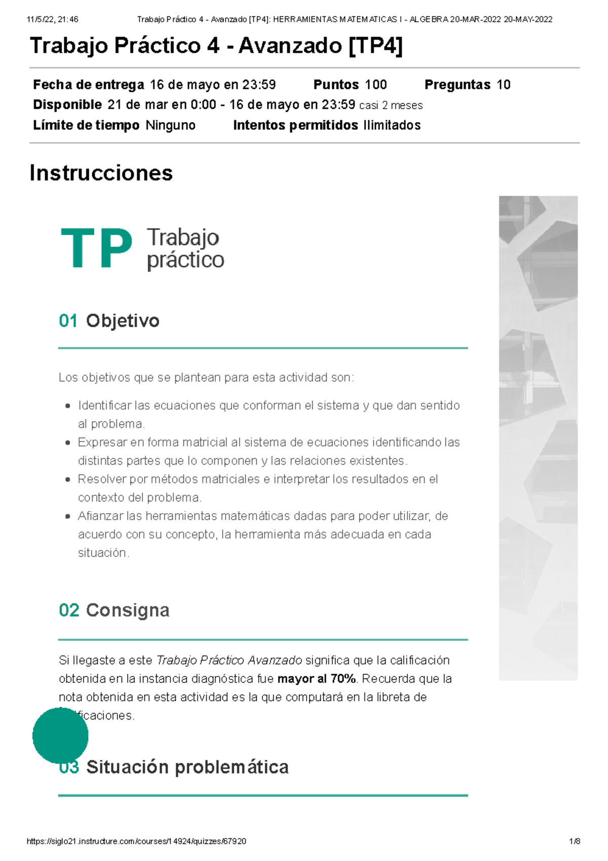 Trabajo Práctico 4 - Avanzado [TP4] Herramientas Matematicas I - Algebra 20-MAR-2022 20-MAY-2022 ...