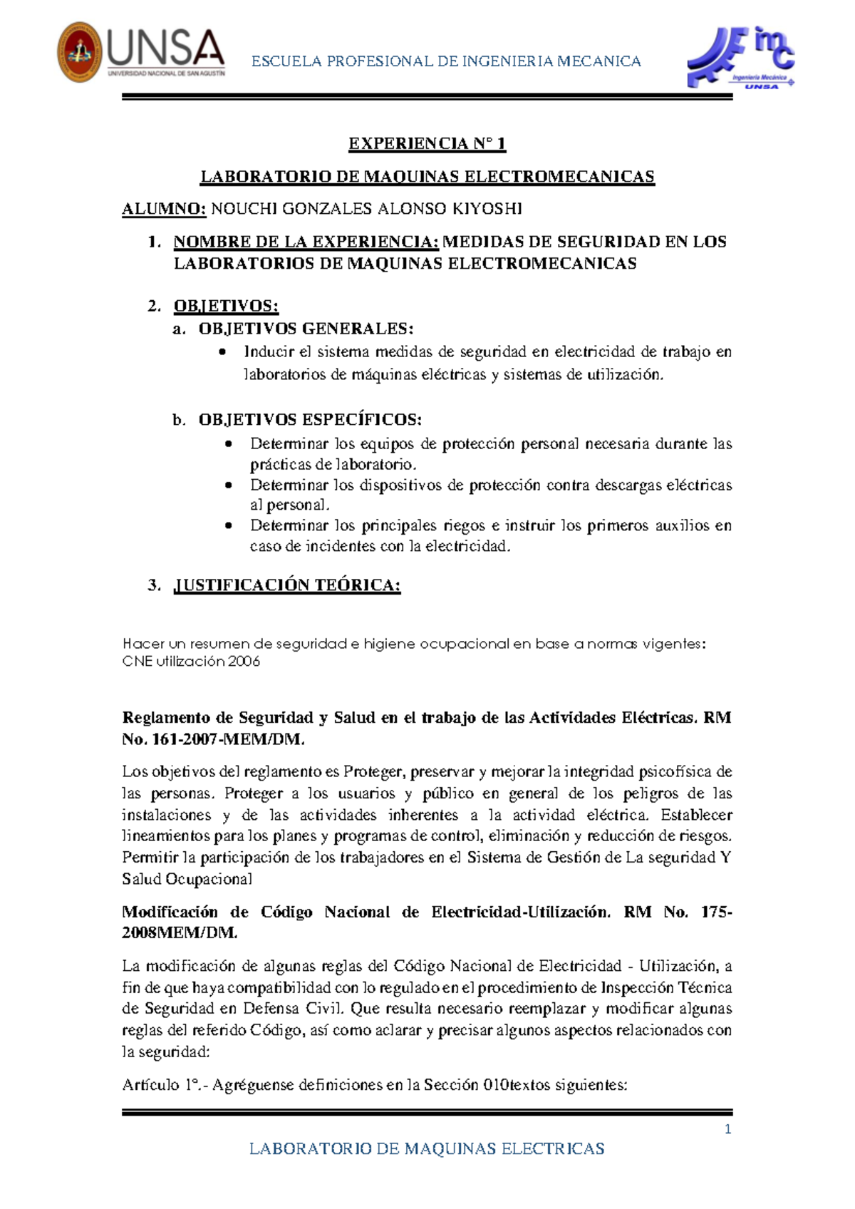 GUIA N° 01 LAB Maquinas Electricas - 1 EXPERIENCIA N° 1 LABORATORIO DE MAQUINAS ELECTROMECANICAS ...
