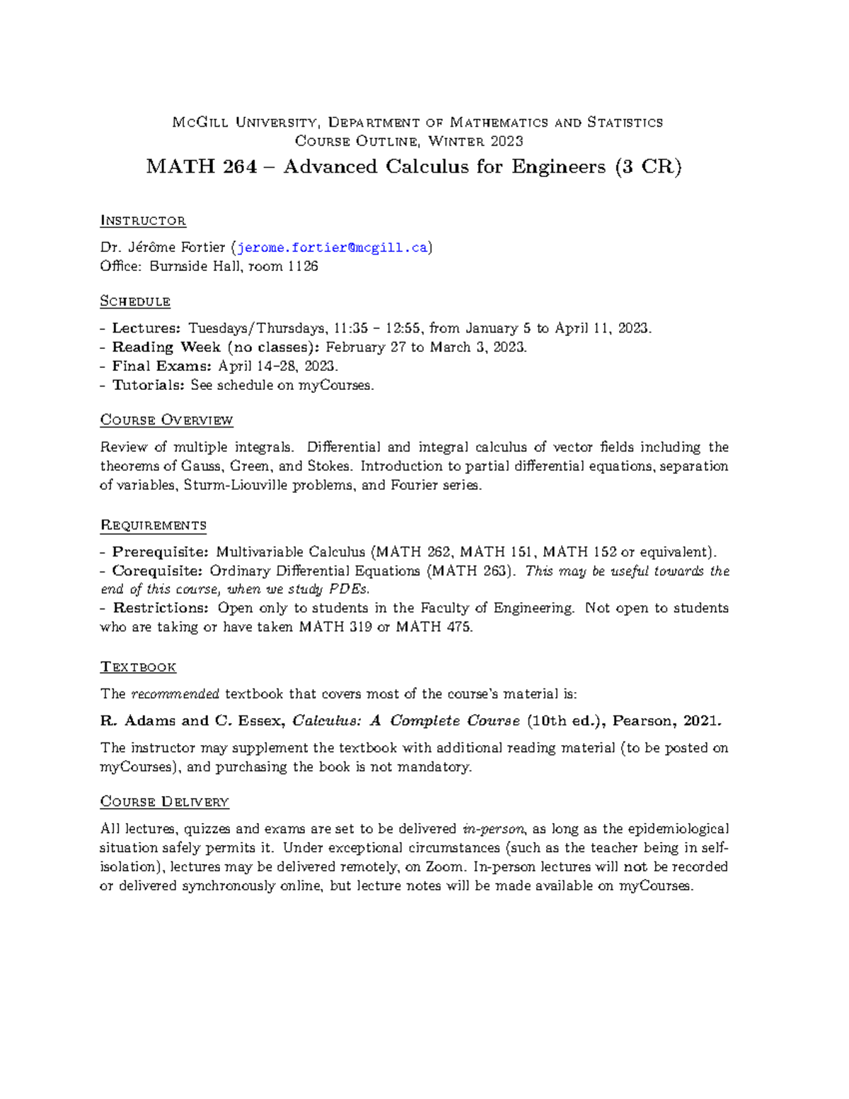264outline - Syllabus - McGill University, Department of Mathematics ...