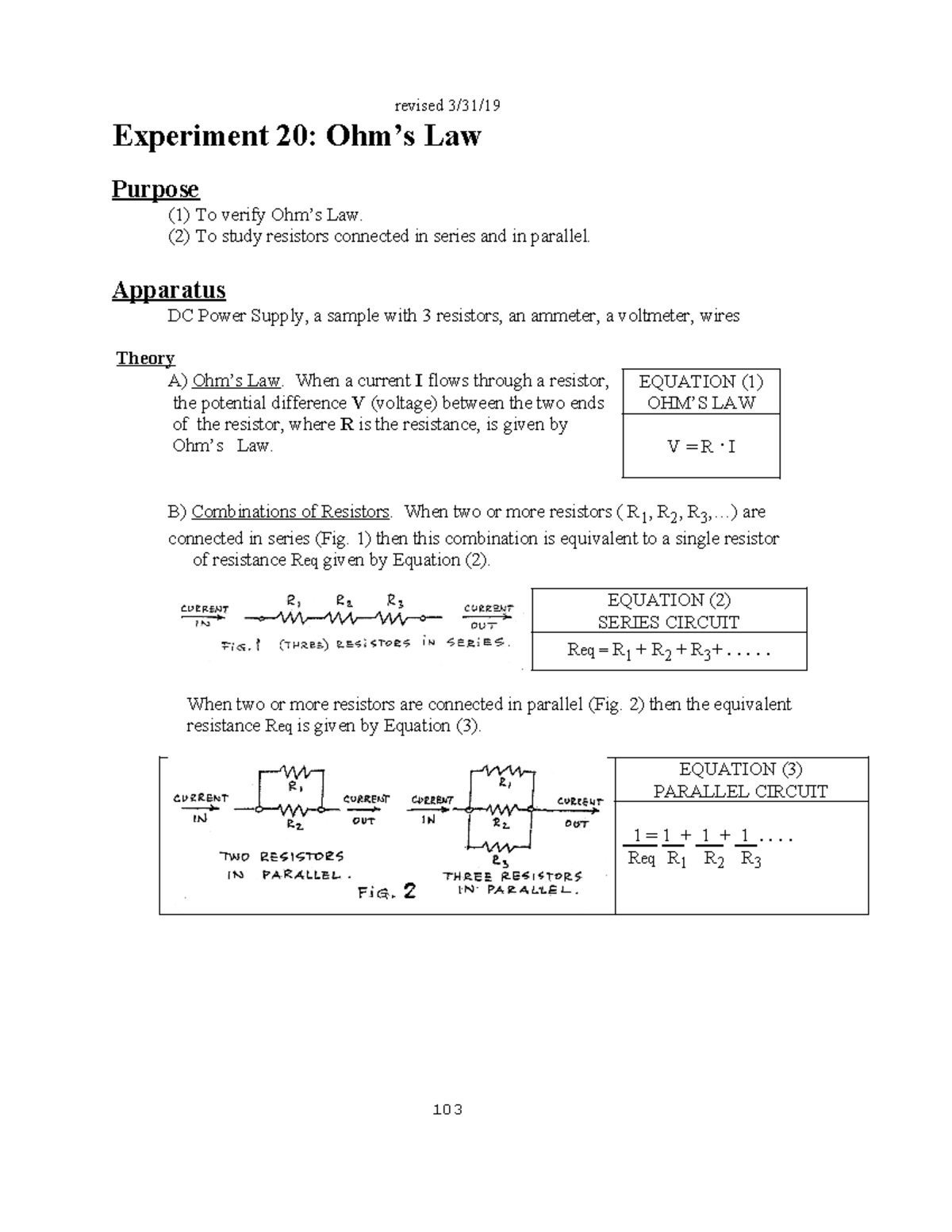 20 Ohms Law - Lab work - revised 3/31/ Experiment 20: Ohm’s Law Purpose ...