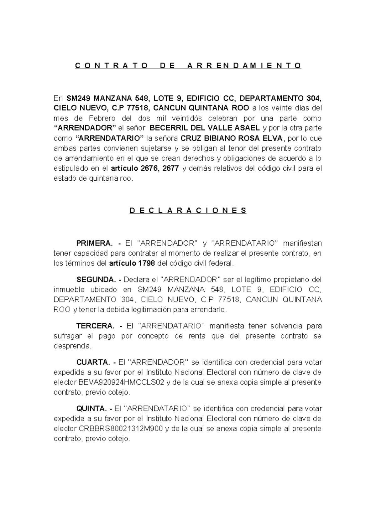 Contrato DE Arrendamiento Asael - C O N T R A T O D E A R R E N D A M I E N T O En SM249 MANZANA ...