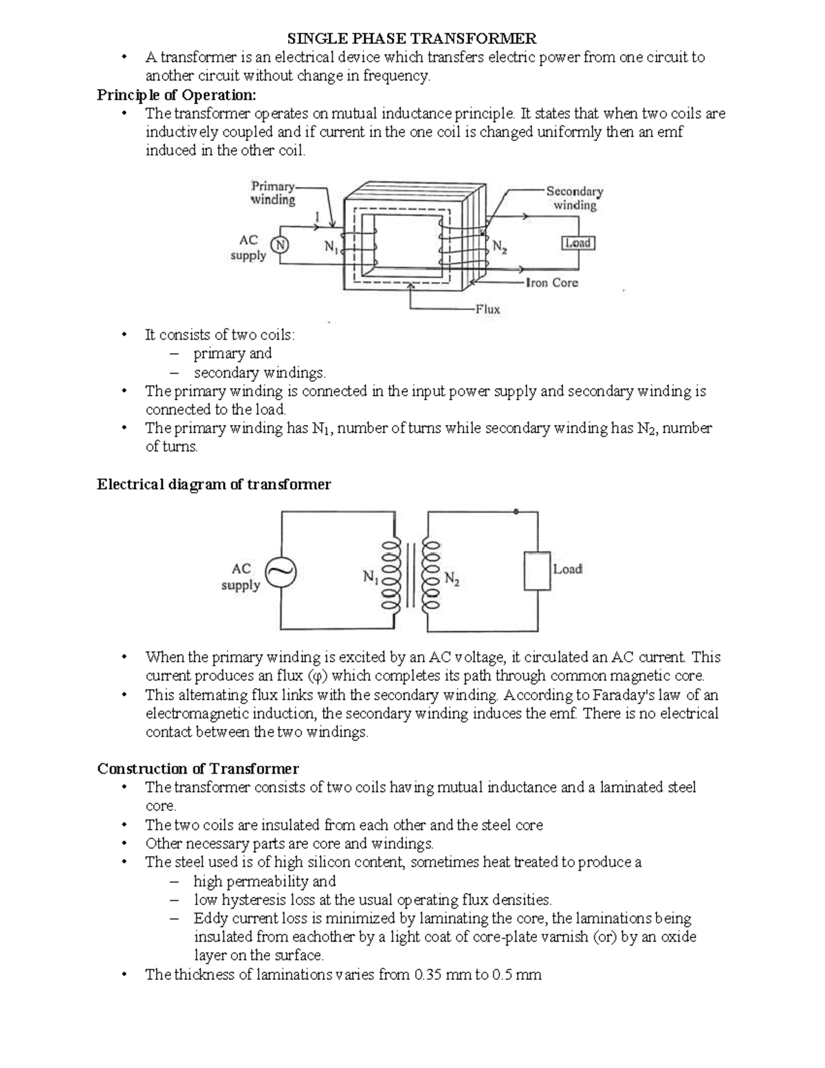 Single Phase Transformer - SINGLE PHASE TRANSFORMER A transformer is an ...