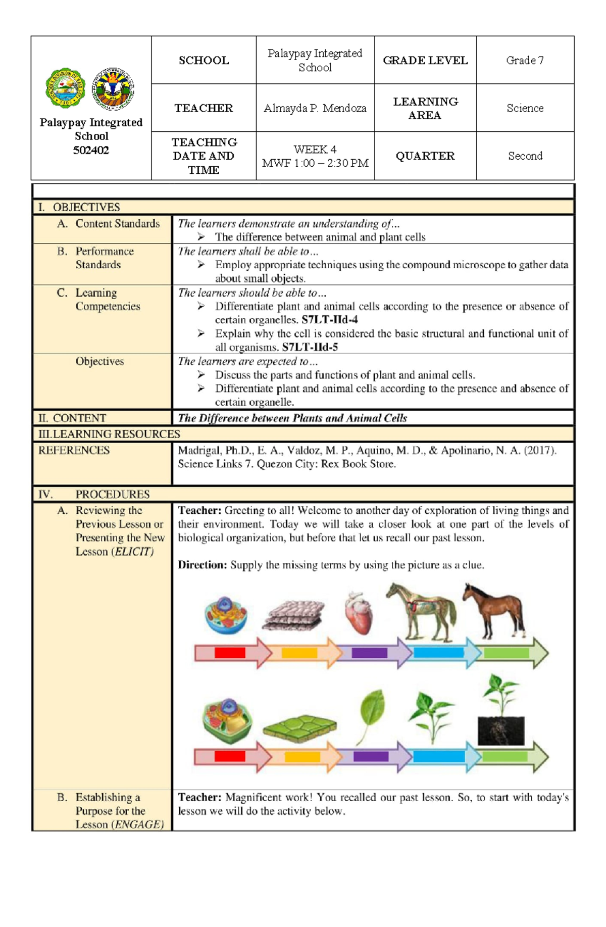 Lesson PLAN WEEK 4 Q2 Grade 7 - Earth And Life Science - Palaypay ...