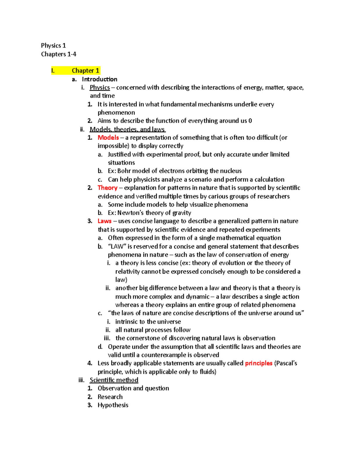 Physics 1 Chapters 1-4 - Physics 1 Chapters 1- I. Chapter 1 a ...