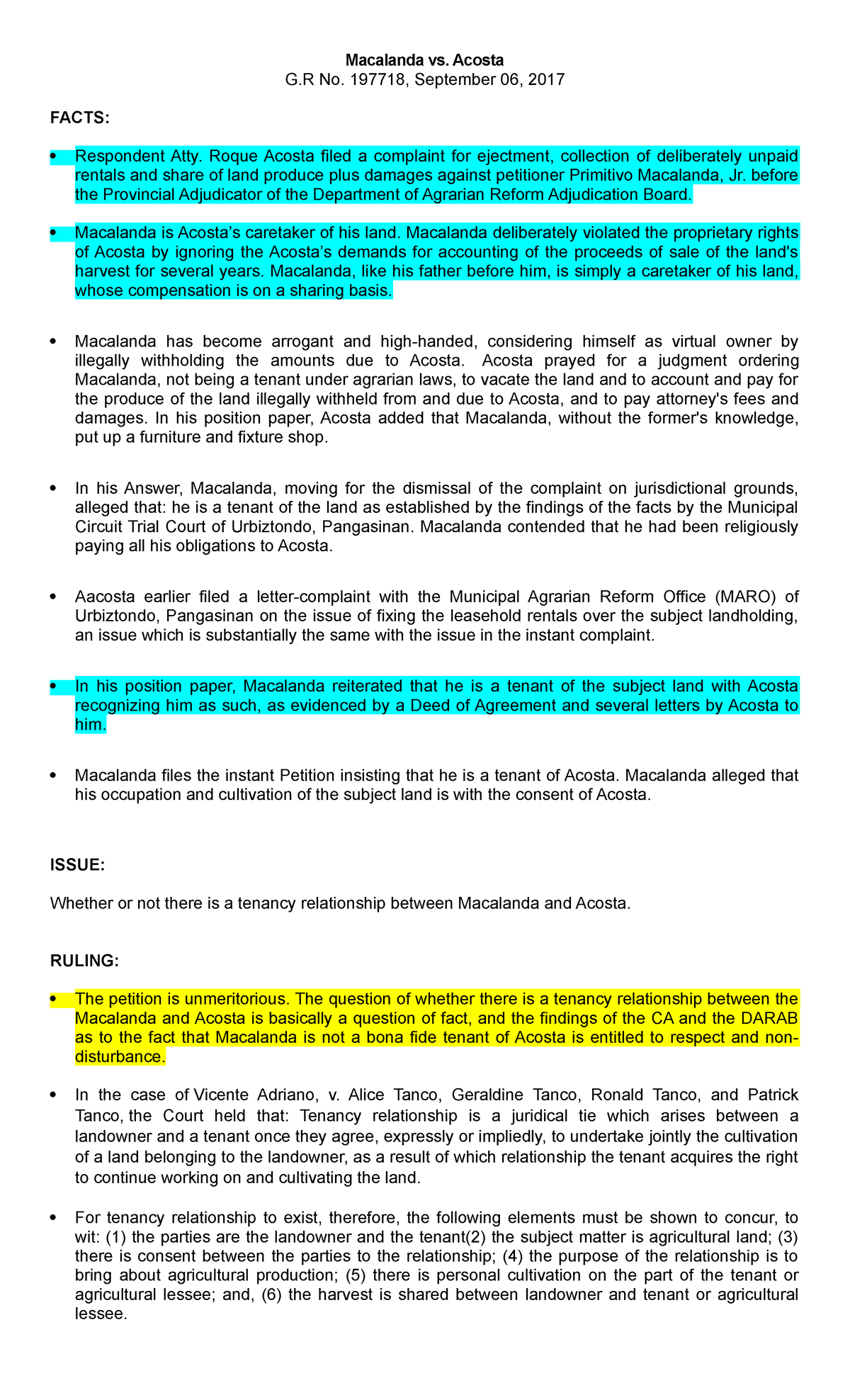 Tenancy Cases - Macalanda vs. Acosta G No. 197718, September 06, 2017 ...