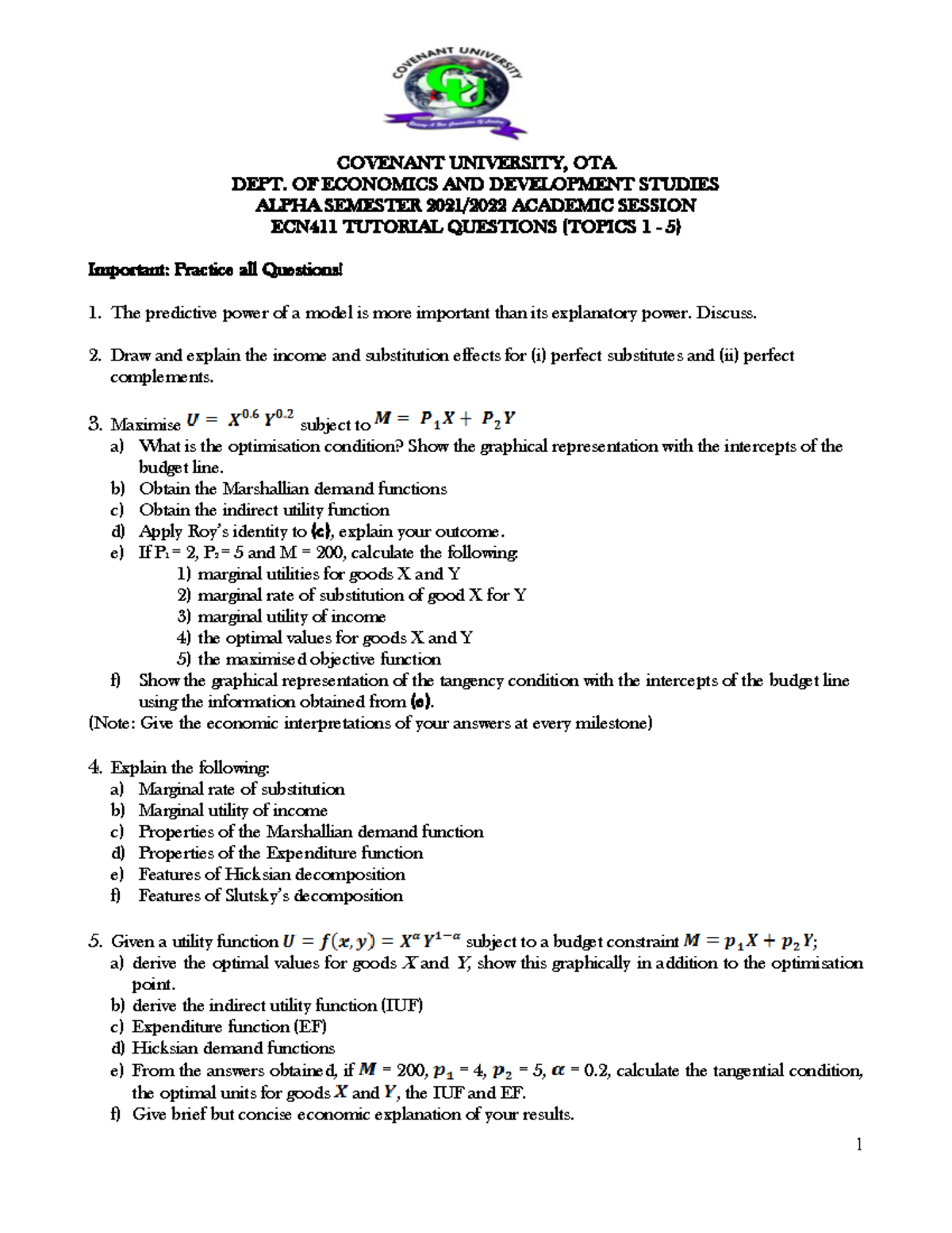 ECN411 - Tutorial Questions (Topics 1 - 5) - 1 COVENANT UNIVERSITY, OTA ... ECN411 - Tutorial Questions (Topics 1 - 5) - 1 COVENANT UNIVERSITY, OTA ...