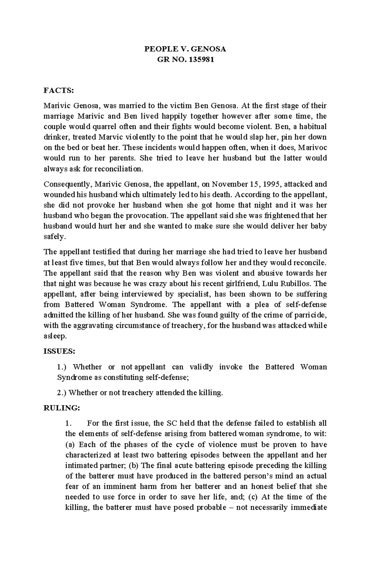 Battered woman syndrome as a valid defense people v genosa - PEOPLE V ...