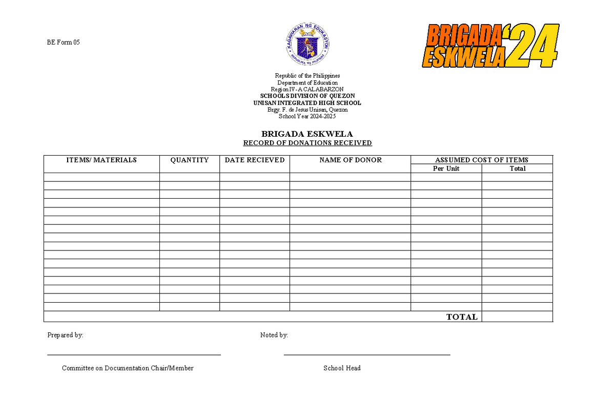 BE-Form-5 - Brigada Eskwela Form 5 - BE Form 05 Republic of the ...