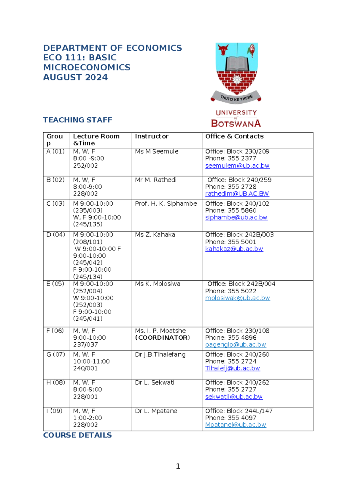ECO 111 Course Outline 2024f - DEPARTMENT OF ECONOMICS ECO 111: BASIC ...
