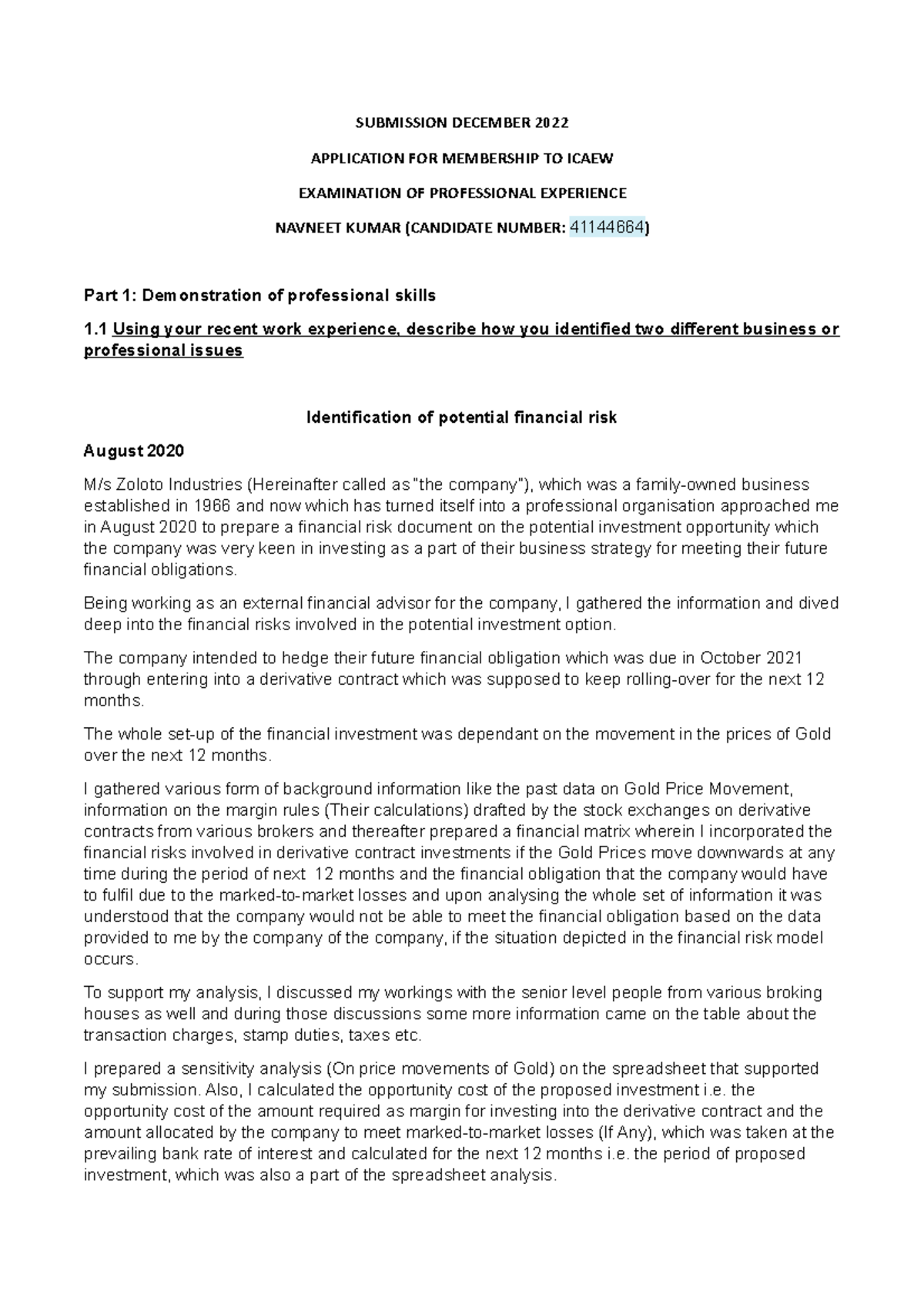 The Examination of Experience - SUBMISSION DECEMBER 2022 APPLICATION ...