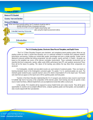 FS 2 Activity 1 - FIELD STUDY 2 E- PORTFOLIO FOR FIELD STUDY 2 Group No ...
