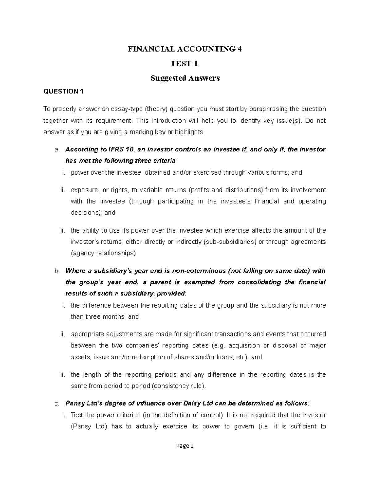 FAC 411S TEST 1 - 2014 Semester 2 Memo - FINANCIAL ACCOUNTING 4 TEST 1 ...